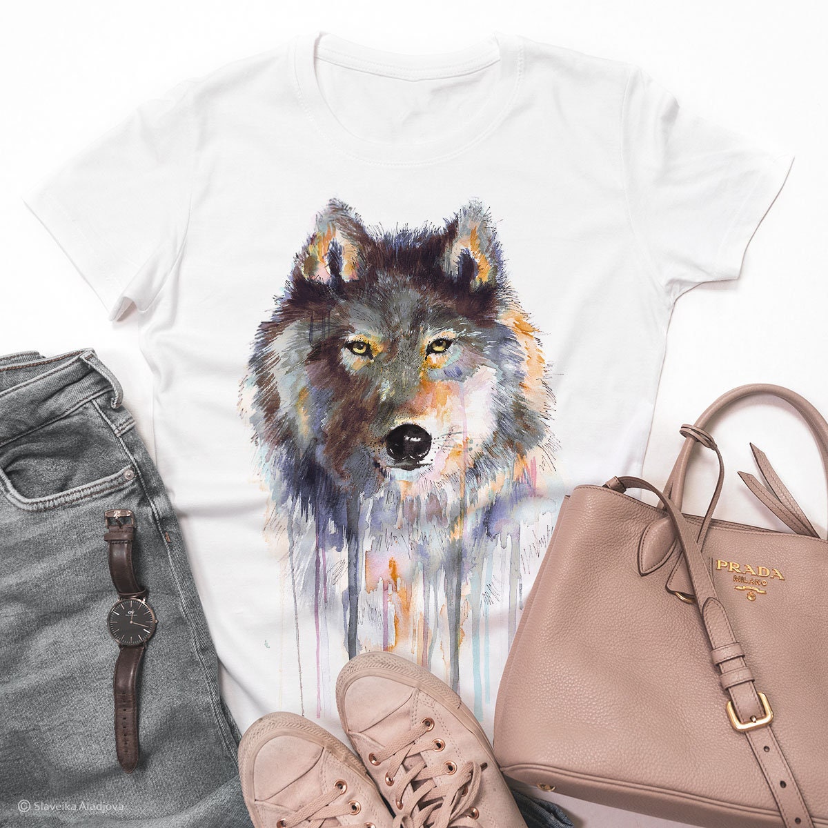 Gray wolf T-shirt Ladies' T-shirt with wolf print | Etsy