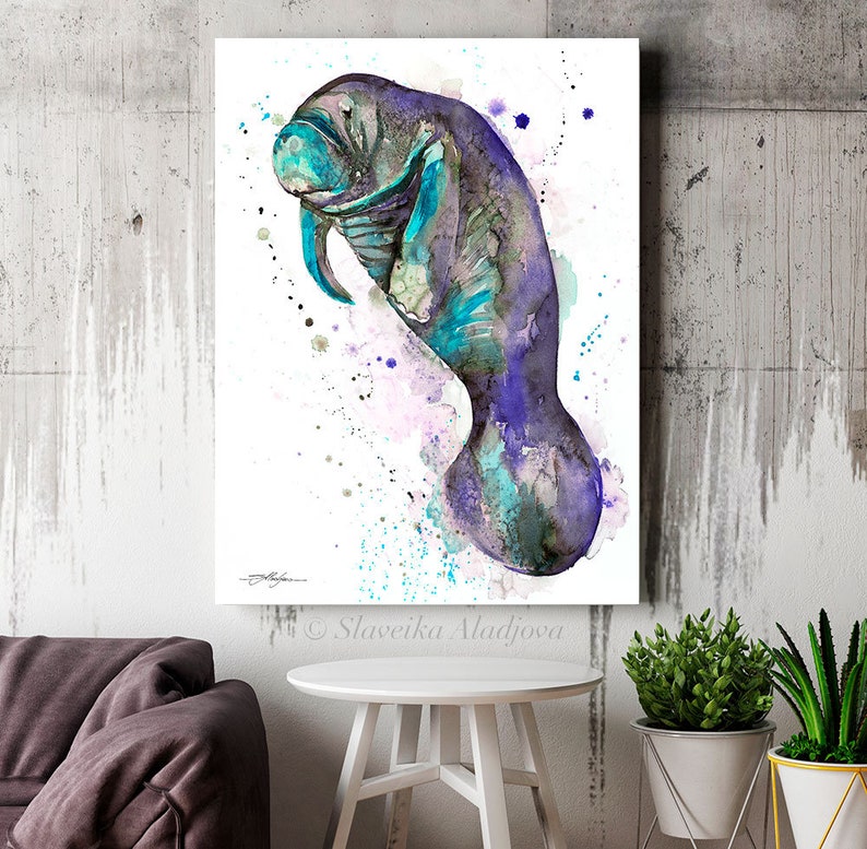 Blue manatee watercolor painting print by Slaveika Aladjova | Etsy