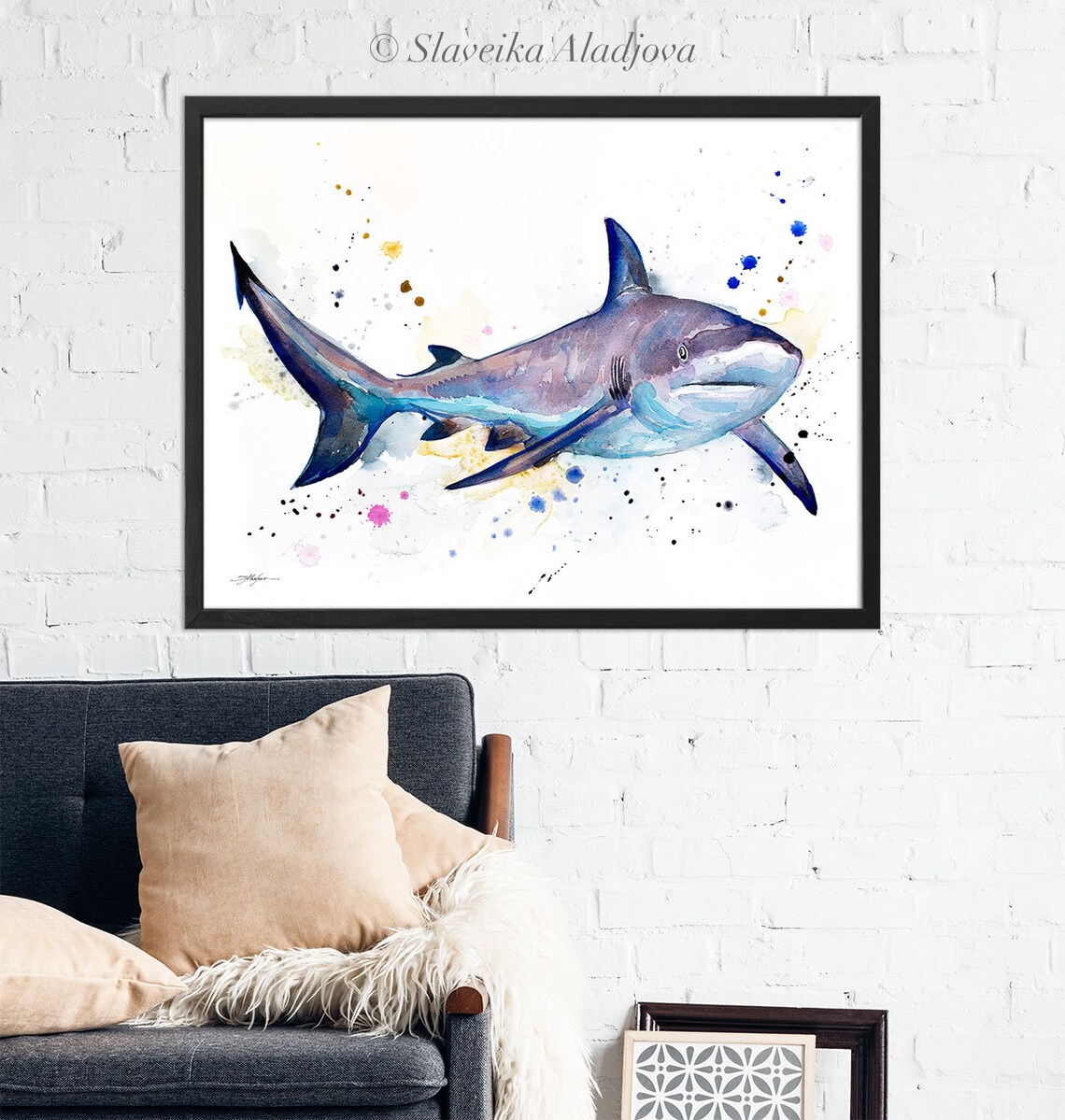 Grey reef shark watercolor painting print by Slaveika | Etsy