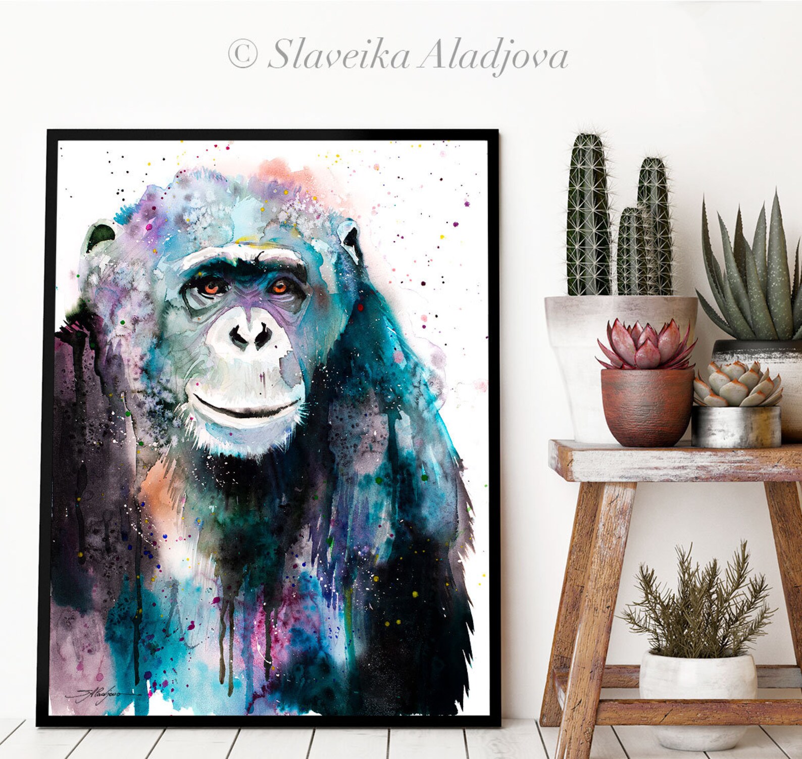 Chimp Chimpanzee Watercolor Painting Print by Slaveika | Etsy