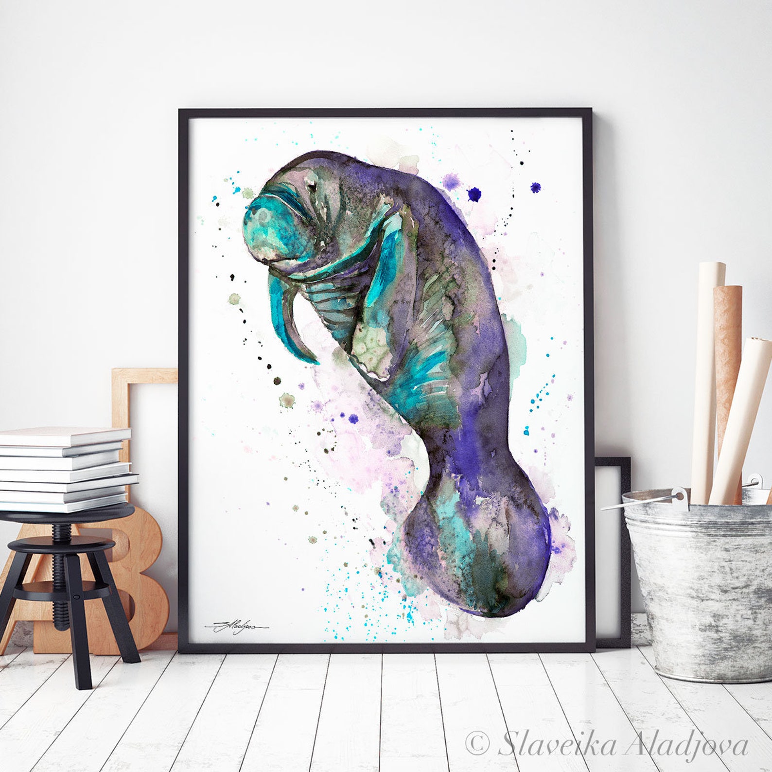 Blue manatee watercolor painting print by Slaveika Aladjova | Etsy