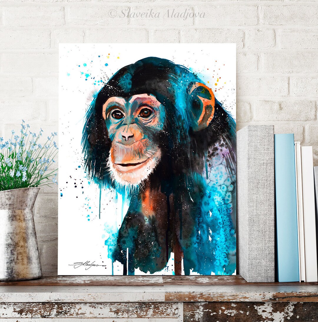 Baby Chimp Chimpanzee Watercolor Painting Print by Slaveika Aladjova ...