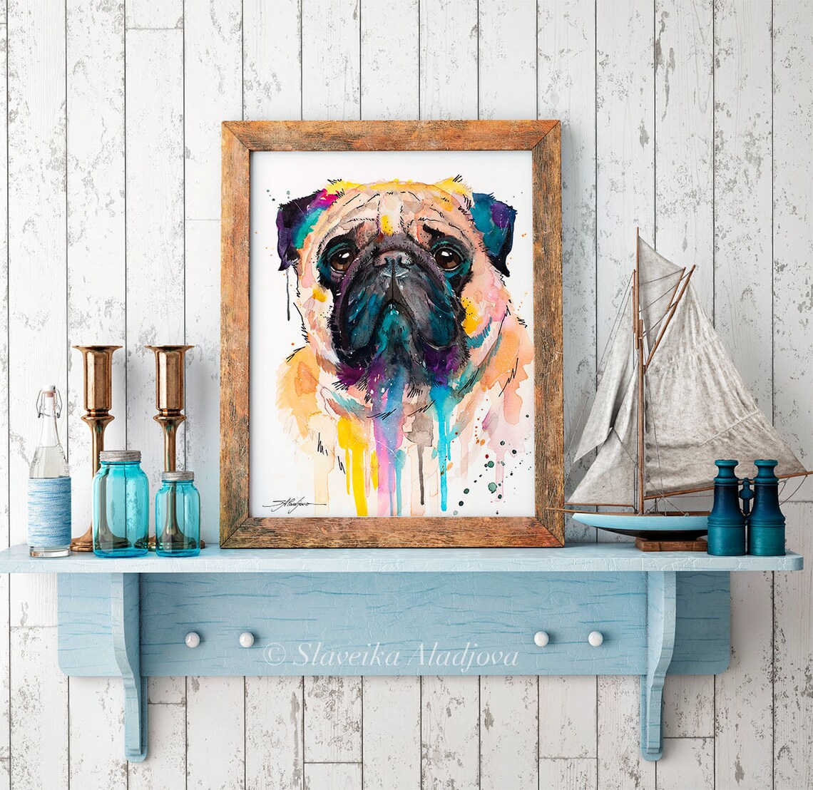 Pug watercolor painting print by Slaveika Aladjova art | Etsy