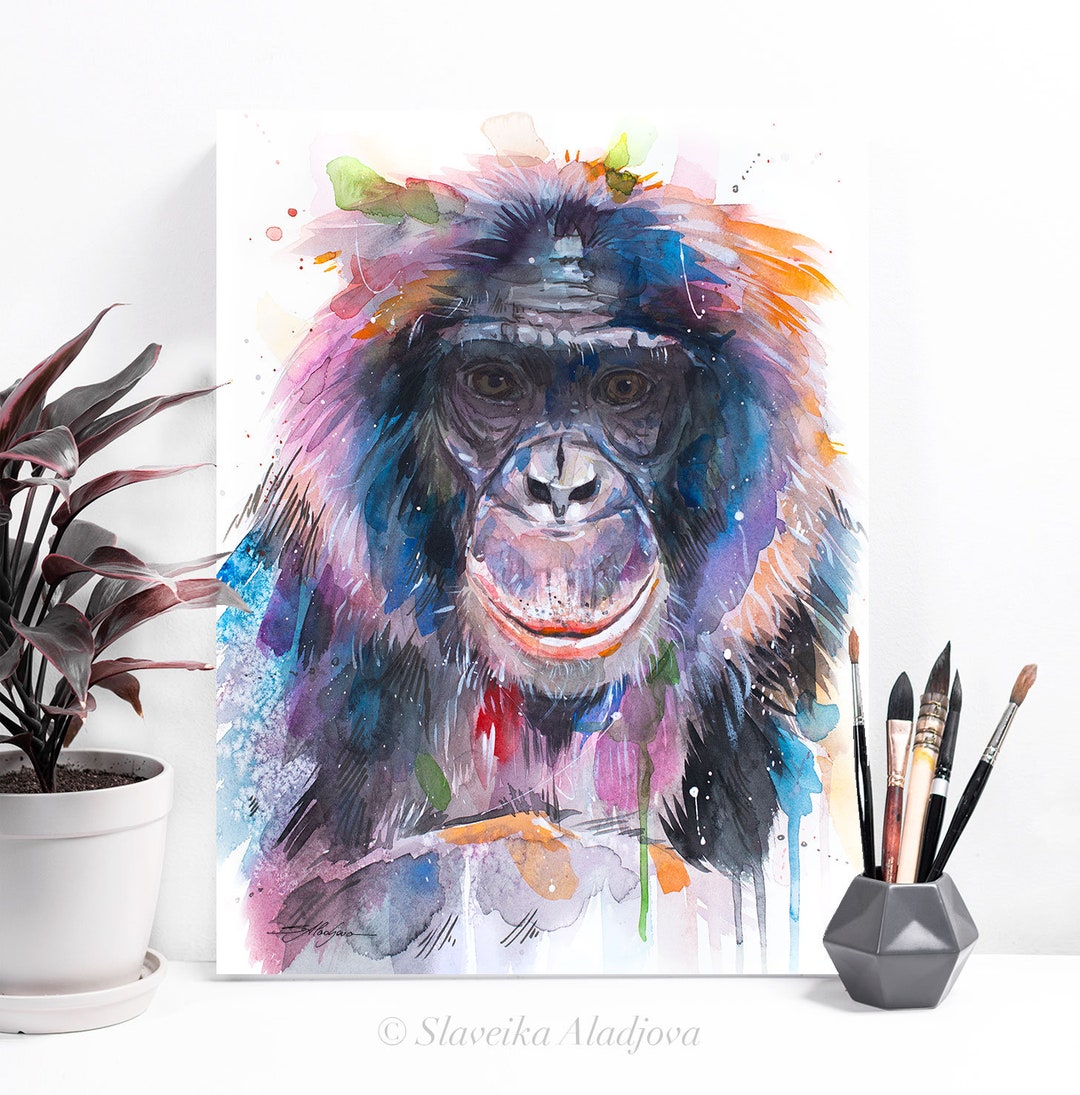 Bonobo, Pygmy Chimpanzee, Monkey Watercolor Painting Print by Slaveika ...