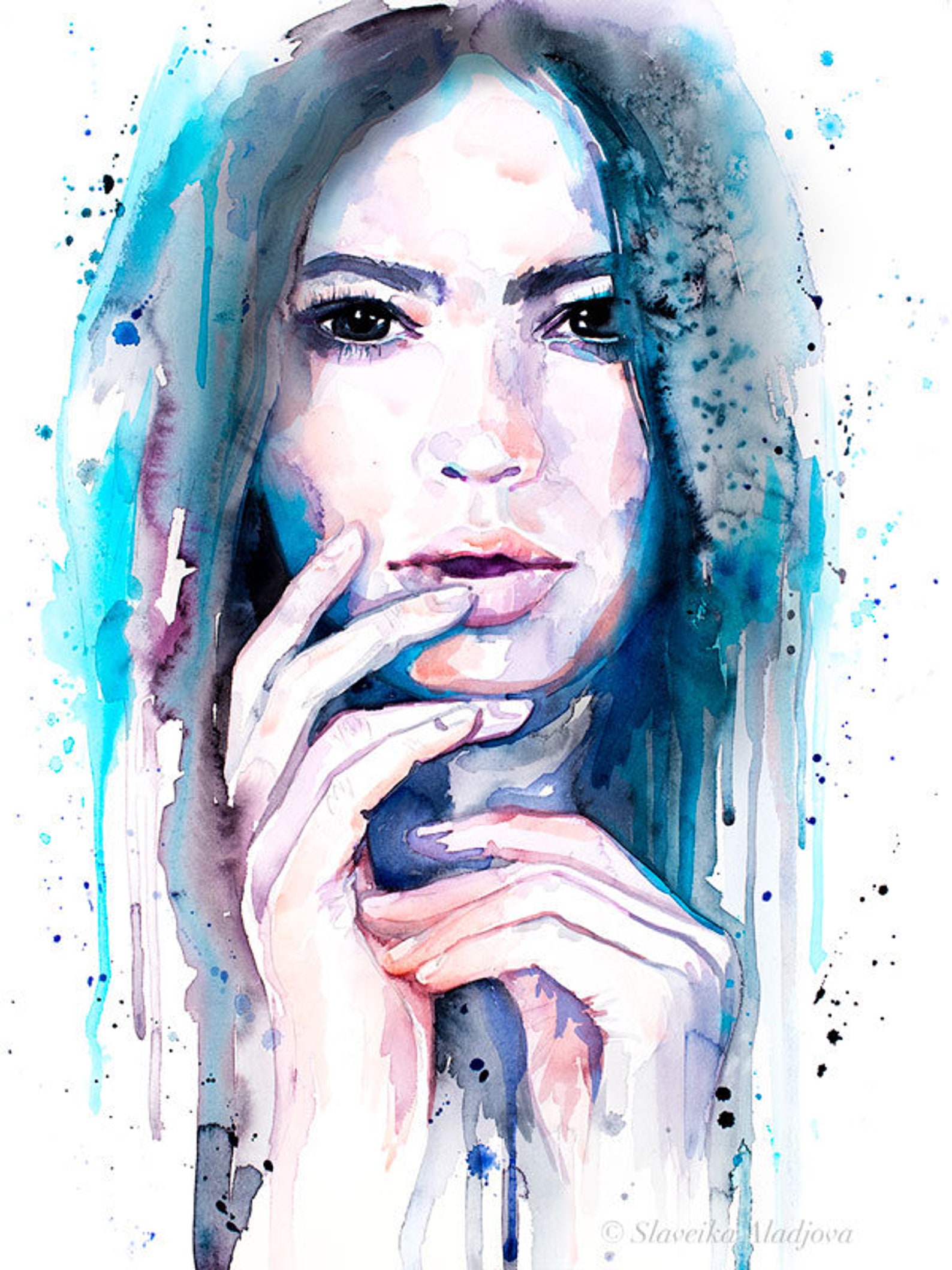 Blue Girl Watercolor Painting Print by Slaveika Aladjova | Etsy