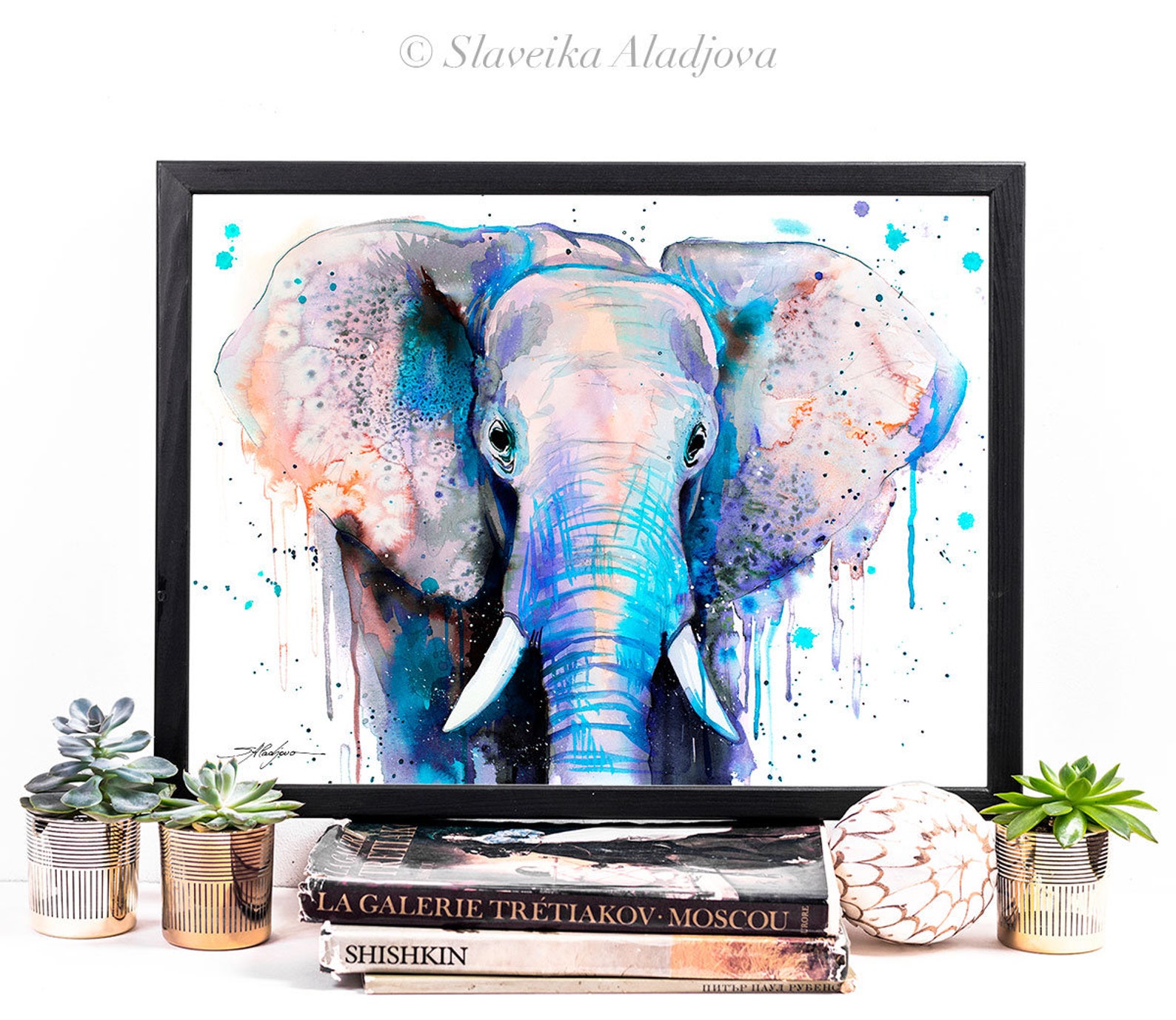 Blue Elephant Head Watercolor Painting Print by Slaveika Aladjova, Art ...