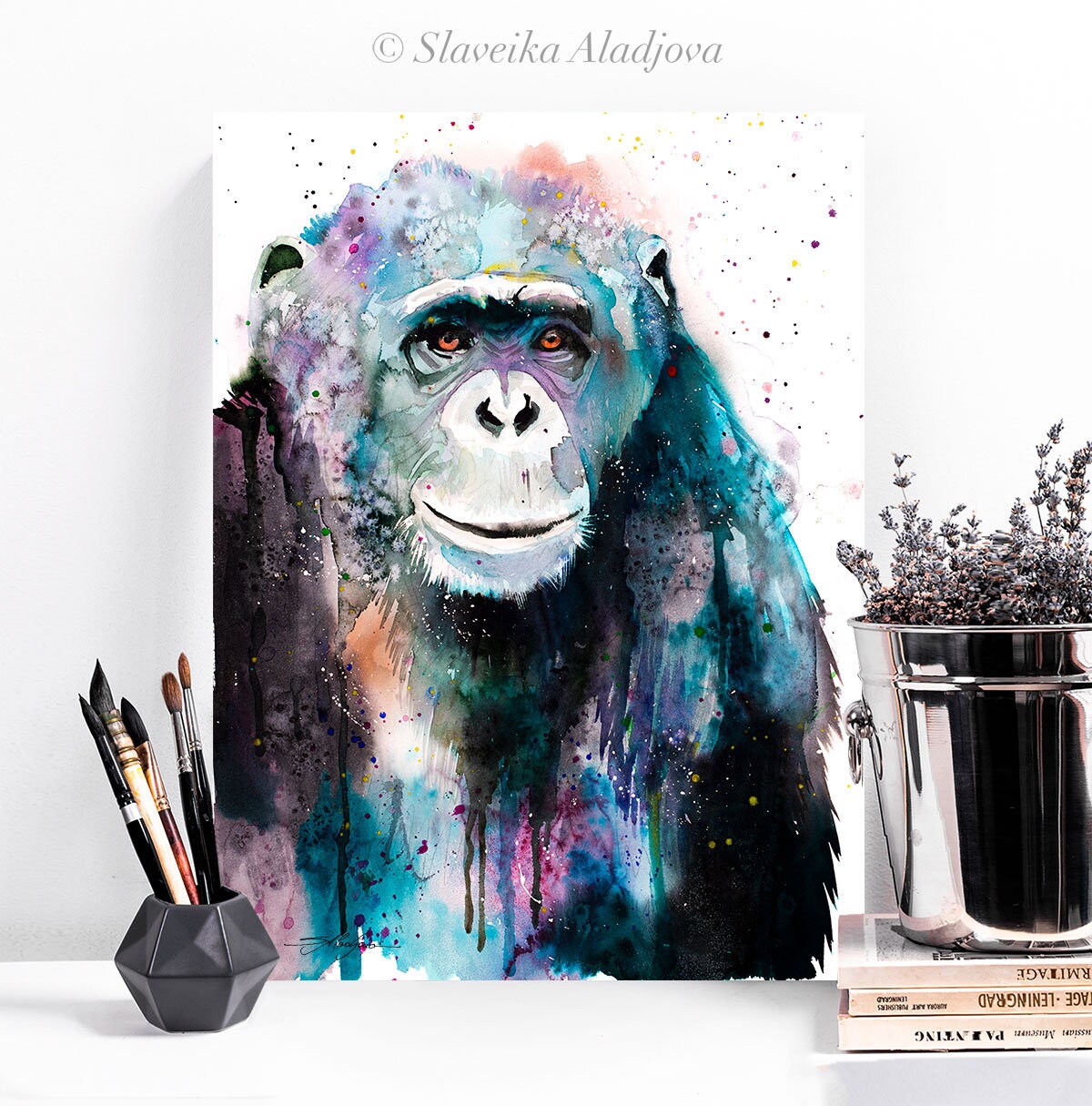 Chimp Chimpanzee watercolor painting print by Slaveika | Etsy