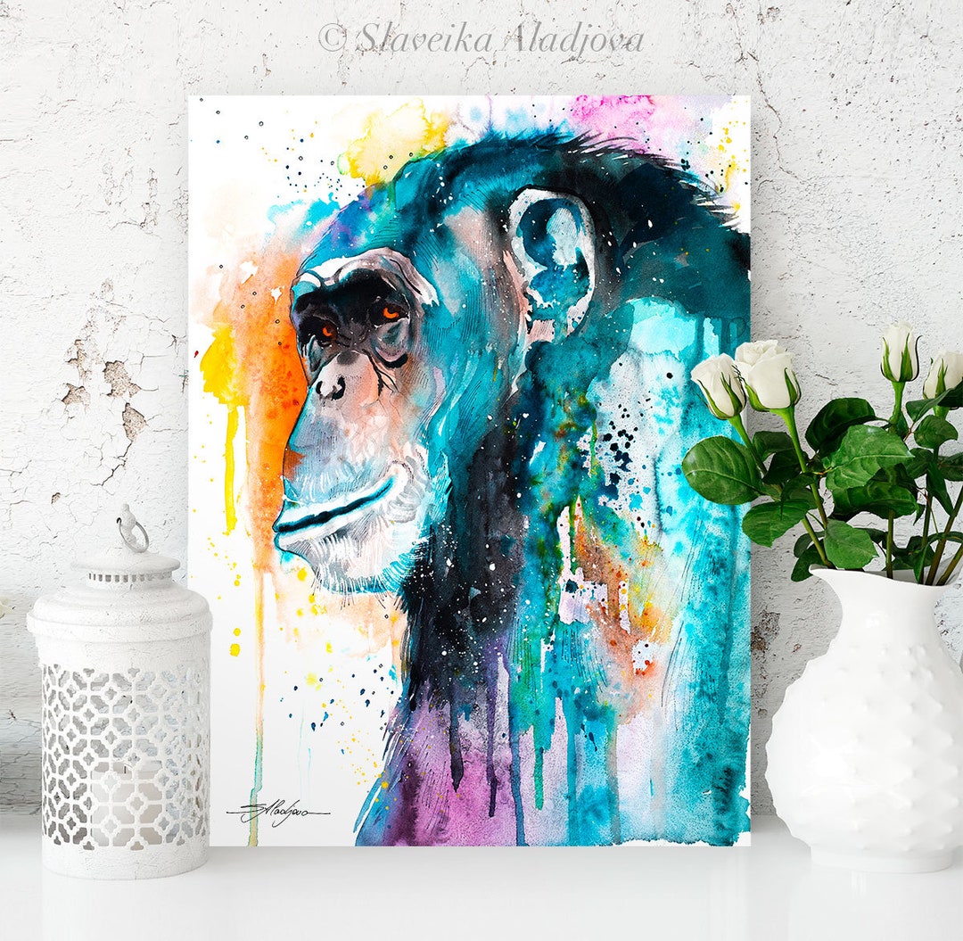 Colorful Chimp Chimpanzee Watercolor Painting Print by Slaveika ...
