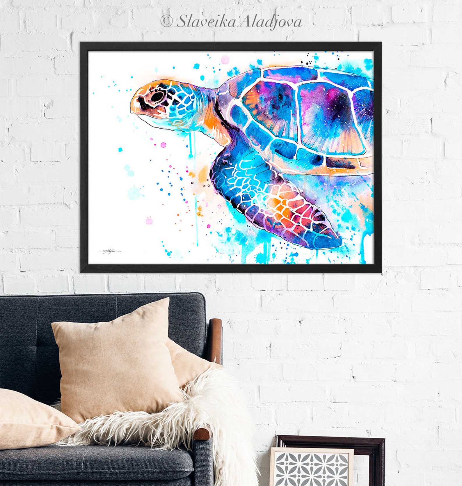 Blue Sea turtle watercolor painting print by Slaveika | Etsy