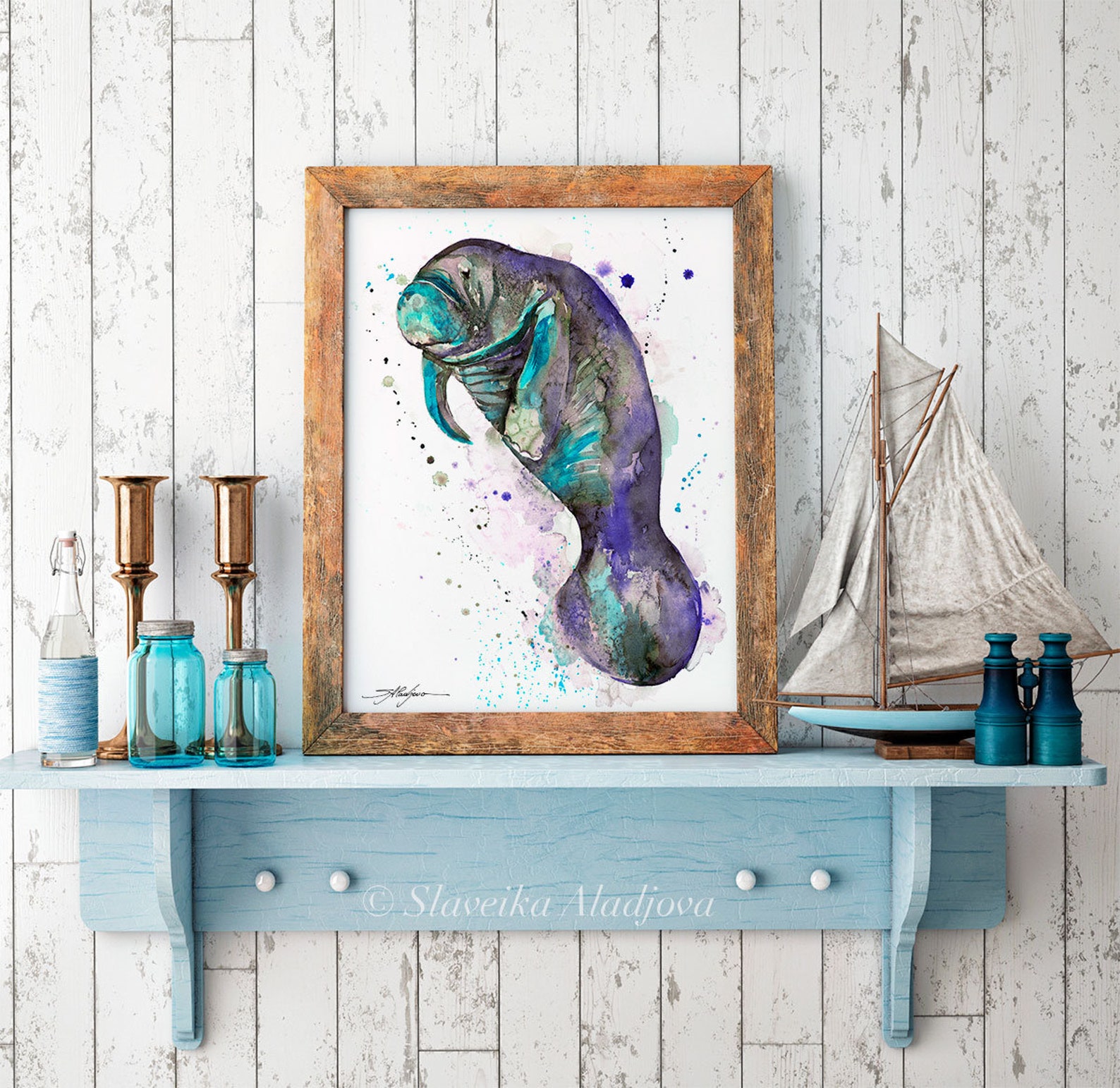 Blue manatee watercolor painting print by Slaveika Aladjova | Etsy