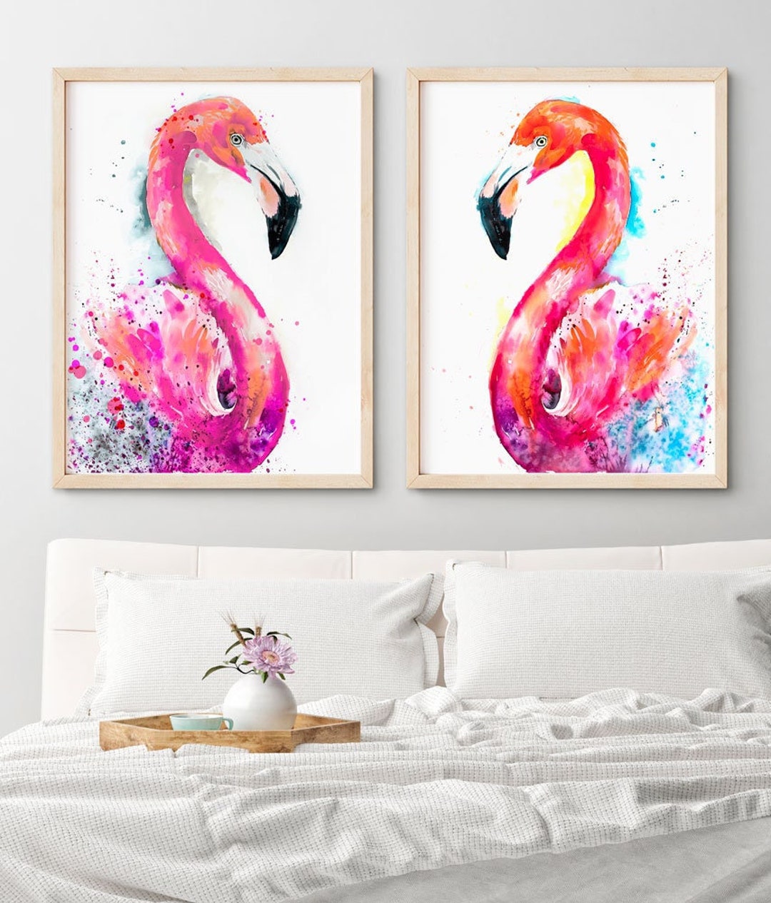 Set of 2 Prints, Flamingos Watercolor Painting Print by Slaveika ...