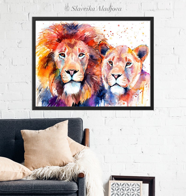 Lion Lioness Love watercolor painting print by Slaveika | Etsy