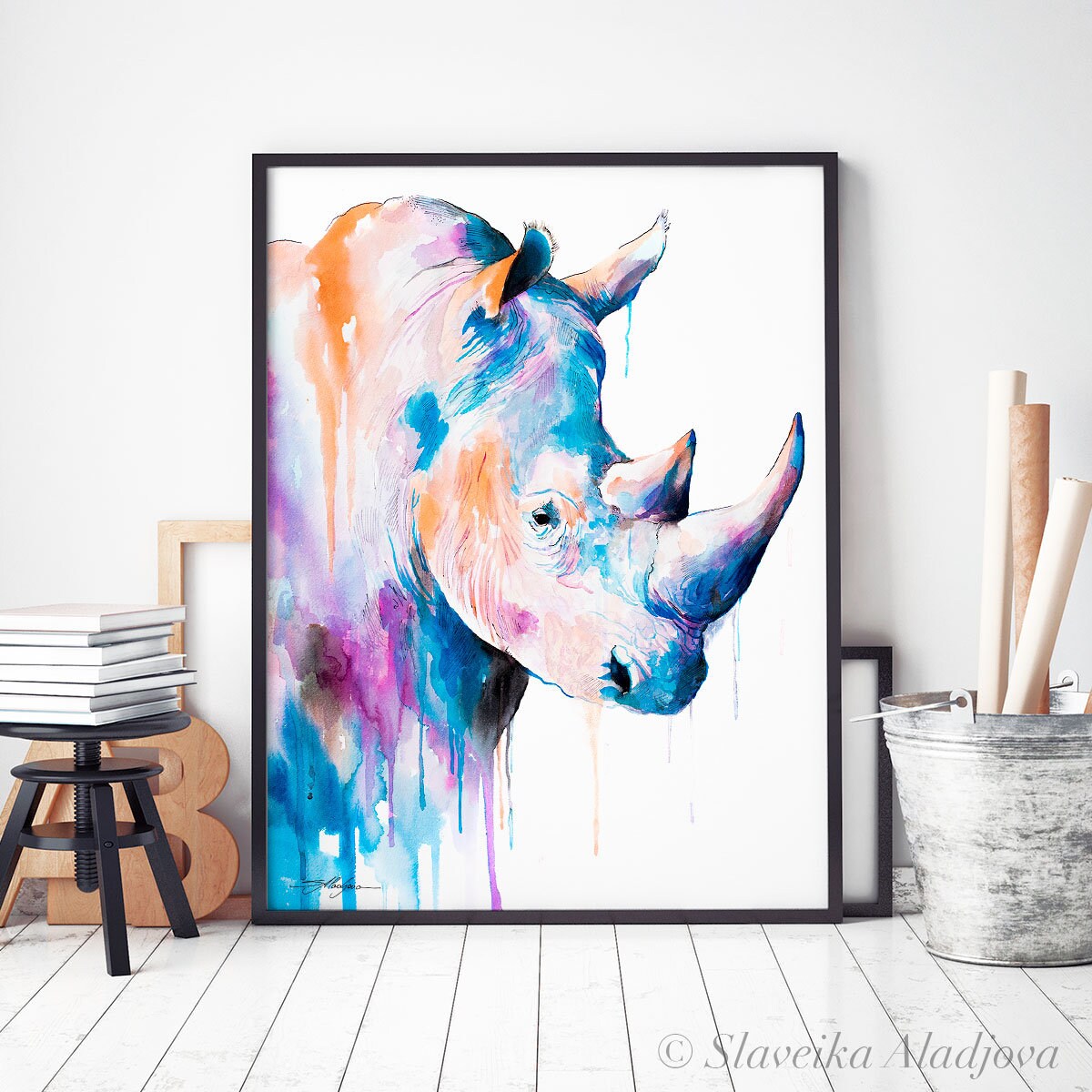 Rhino Blue Watercolor Painting Print by Slaveika Aladjova - Etsy UK