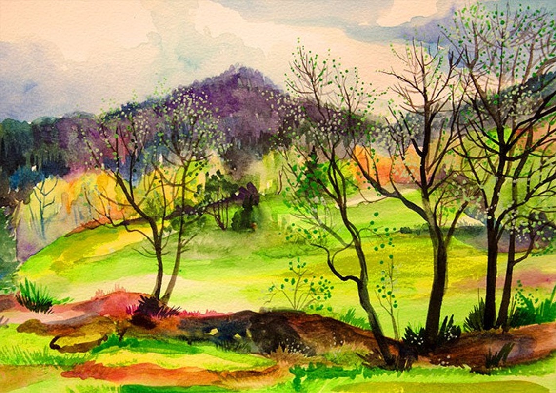 Spring Landscape Watercolor Painting Print by Slaveika - Etsy