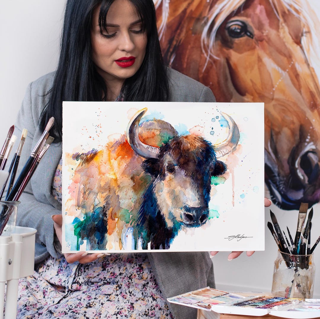 Tibetan Yak, Domestic Yak Watercolor Painting Print by Slaveika ...