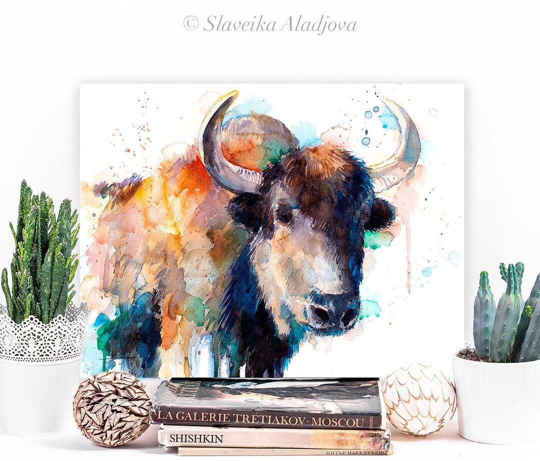 Tibetan Yak, Domestic Yak Watercolor Painting Print by Slaveika ...