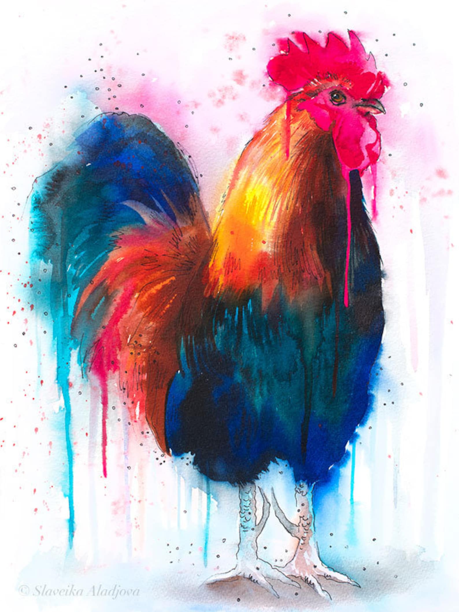 Rooster Colorful Watercolor Painting Print by Slaveika - Etsy