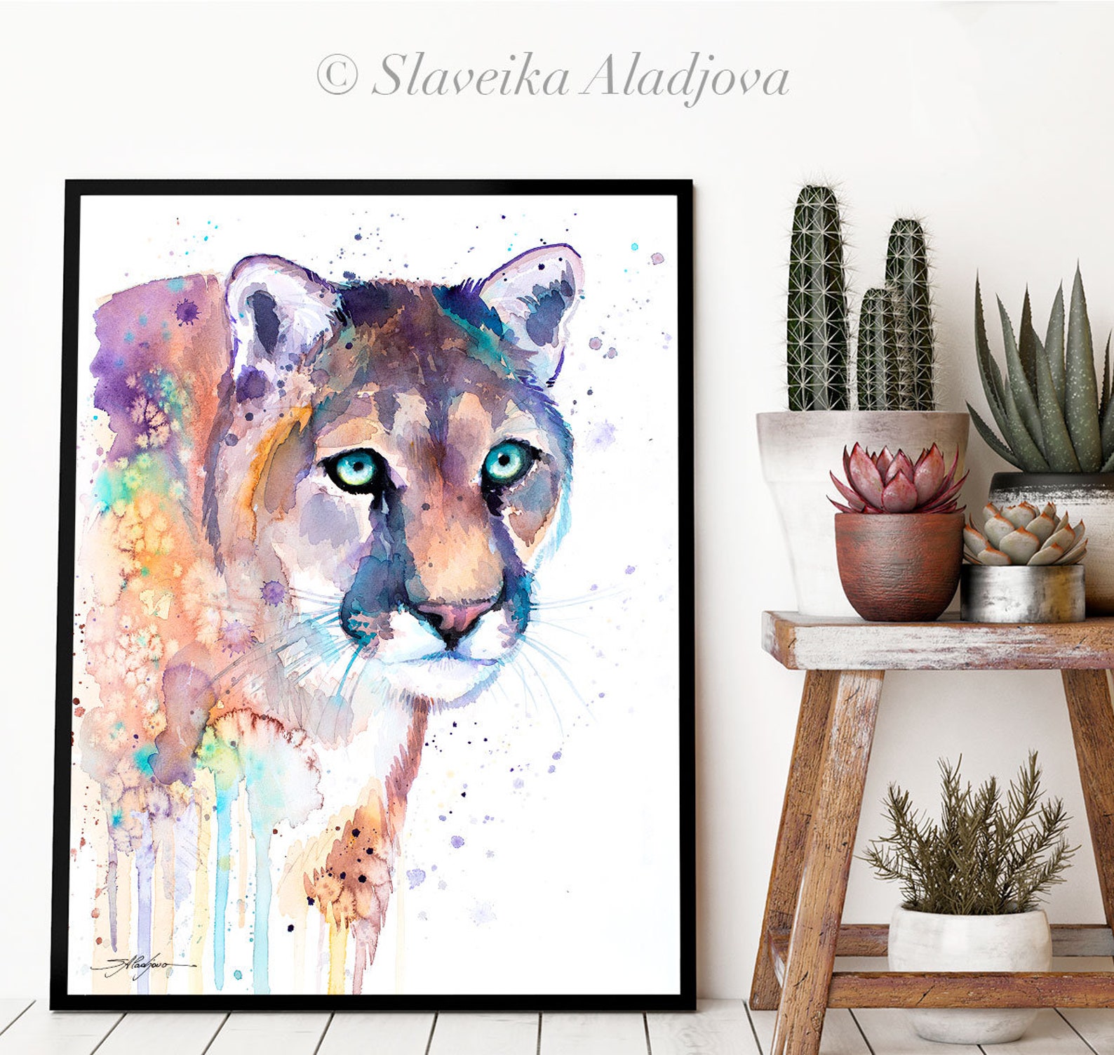 Puma Watercolor Painting Print by Slaveika Aladjova, Cougar Art, Animal ...