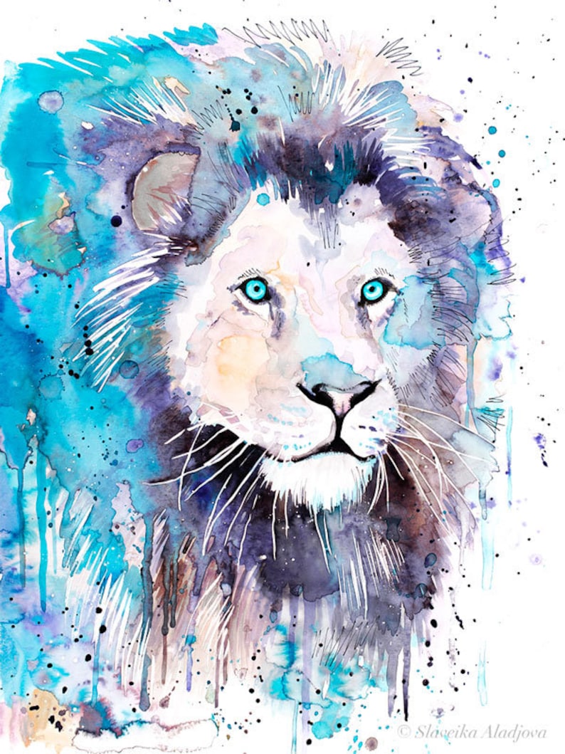 Blue Lion Watercolor Painting Print by Slaveika Aladjova Art | Etsy