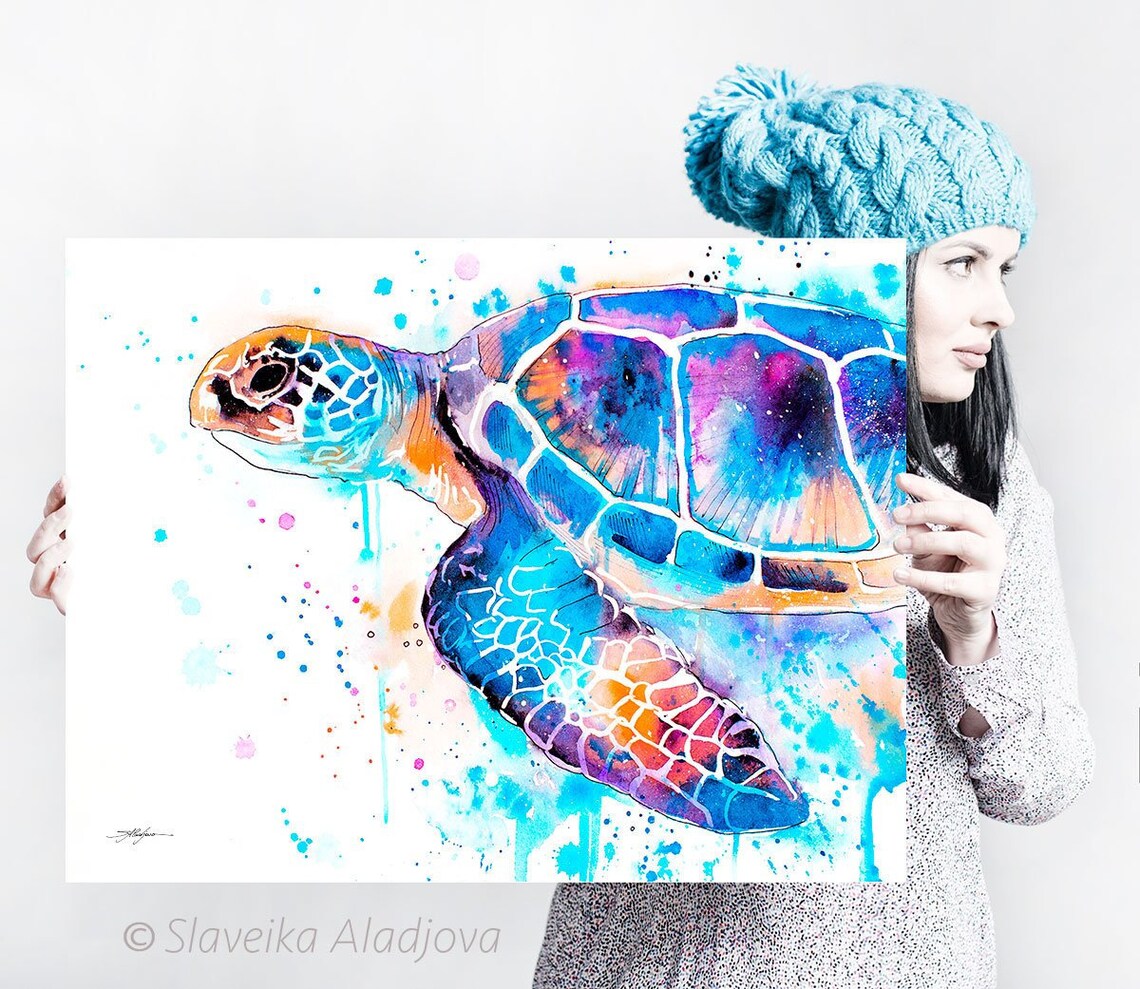 Blue Sea turtle watercolor painting print by Slaveika | Etsy