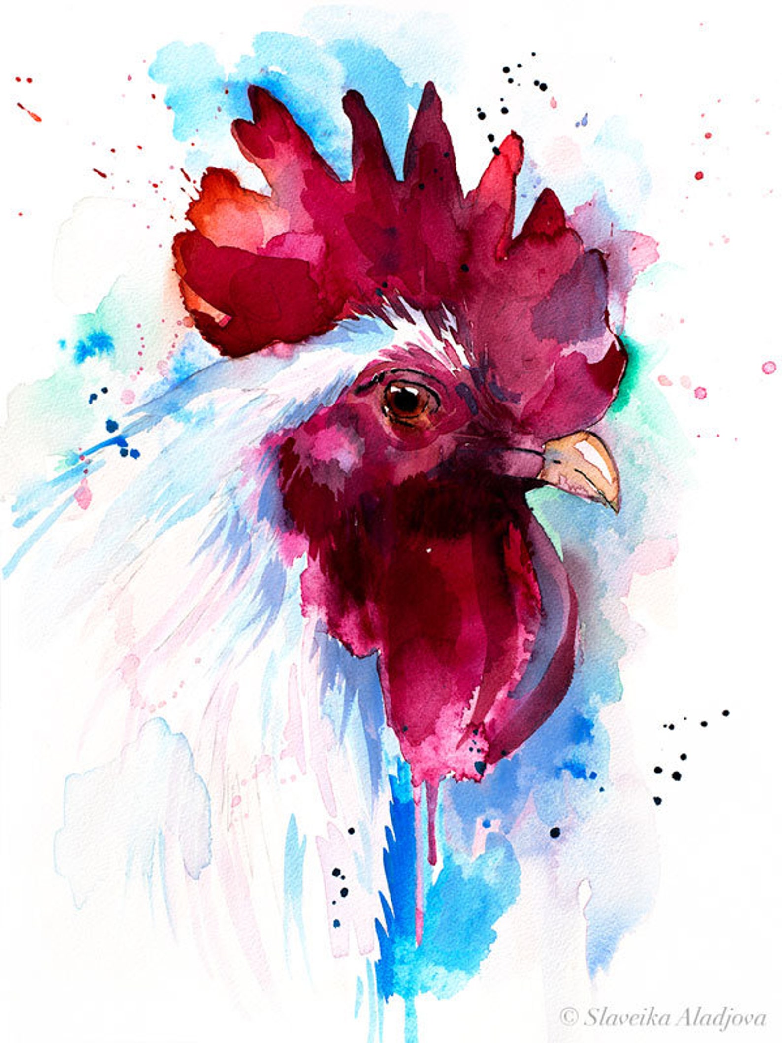 White Rooster Watercolor Painting Print by Slaveika Aladjova | Etsy