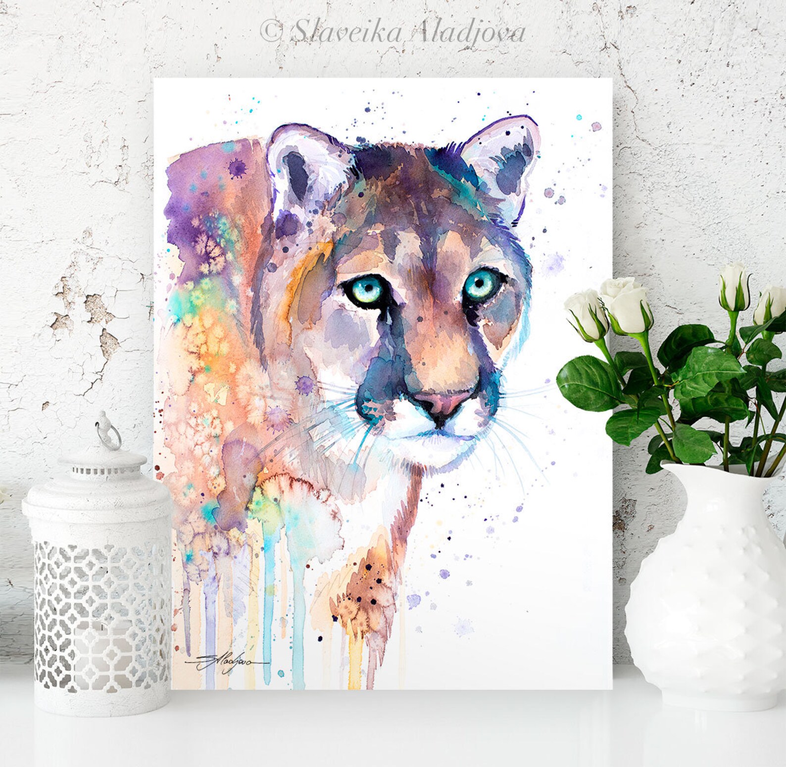 Puma Watercolor Painting Print by Slaveika Aladjova, Cougar Art, Animal ...