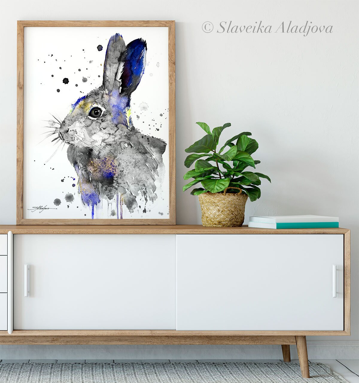 Black and White Hare Rabbit Watercolor Painting Print by Slaveika ...