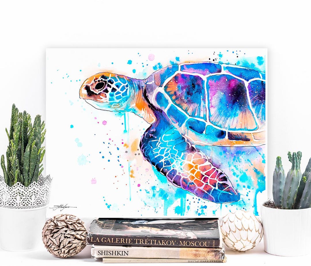 Blue Sea Turtle Watercolor Painting Print by Slaveika Aladjova, Art ...