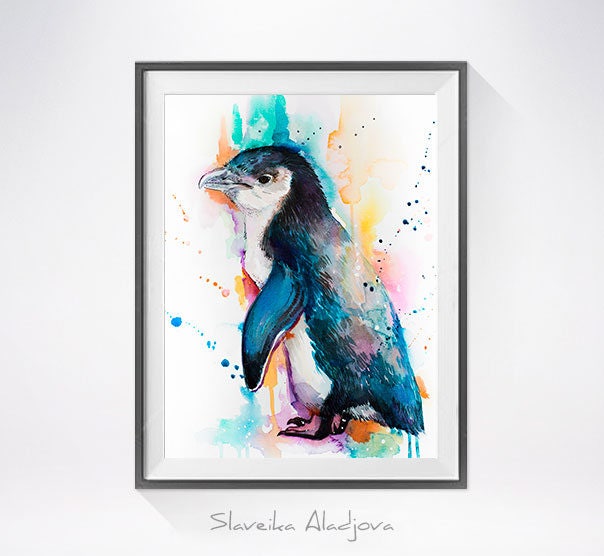 Little Blue Penguin Watercolor Painting Print by Slaveika - Etsy