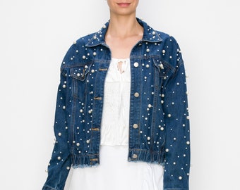 Pearl Embellished Denim Jacket - Etsy