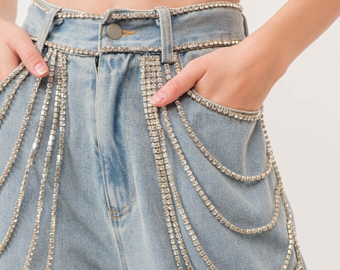 Draped Rhinestone Chain Denim Pants - Etsy