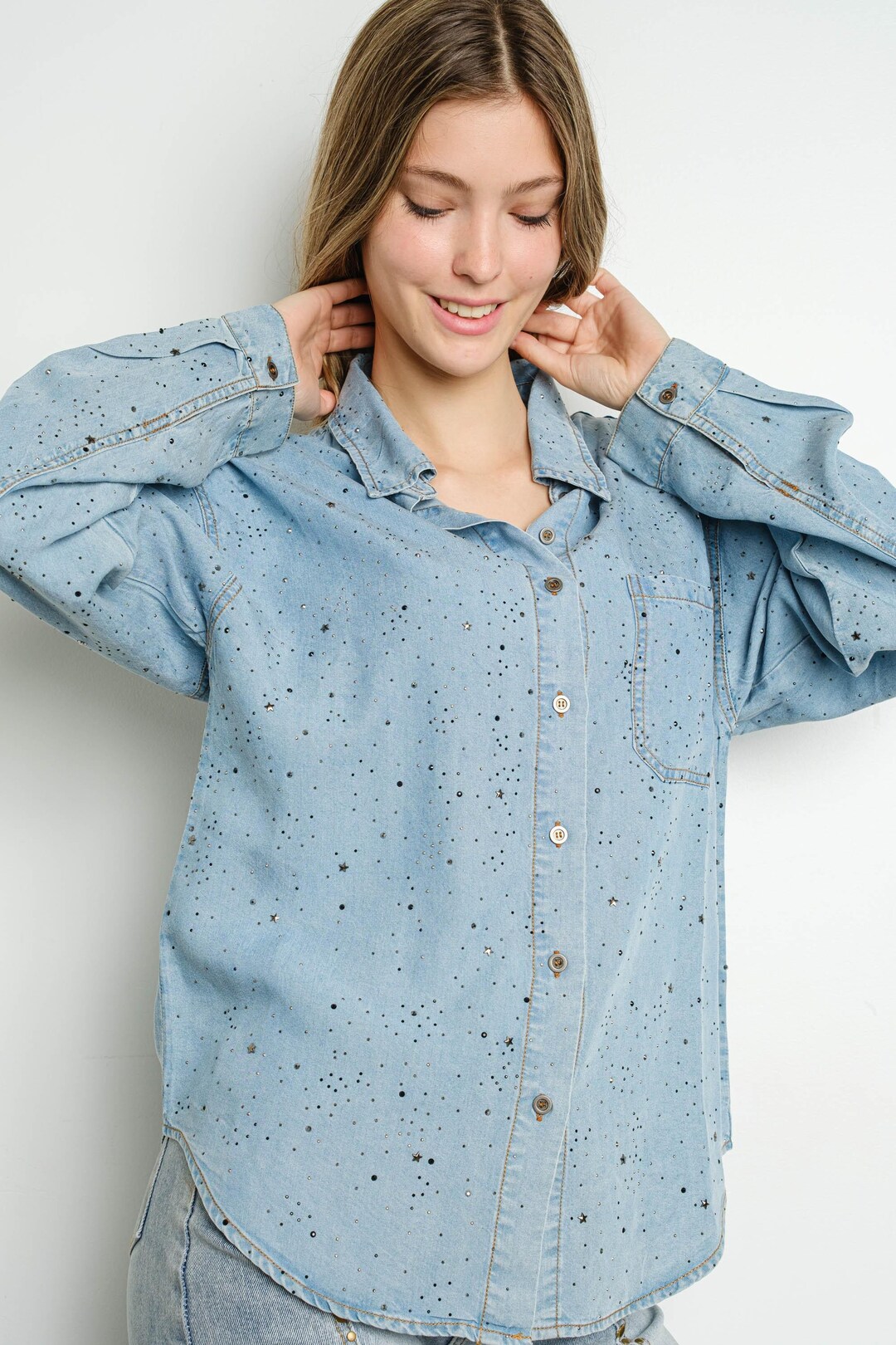 Denim Wash Tencel Embellished Button Down Shirt - Etsy