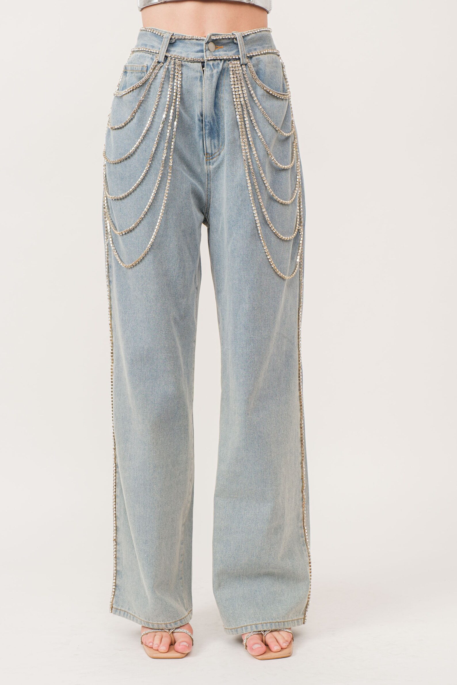 Draped Rhinestone Chain Denim Pants - Etsy