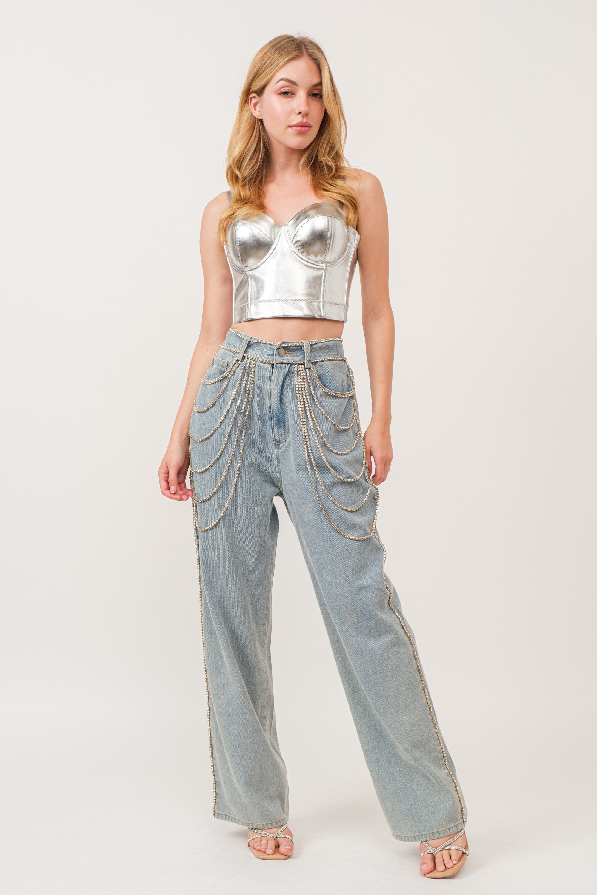 Draped Rhinestone Chain Denim Pants - Etsy