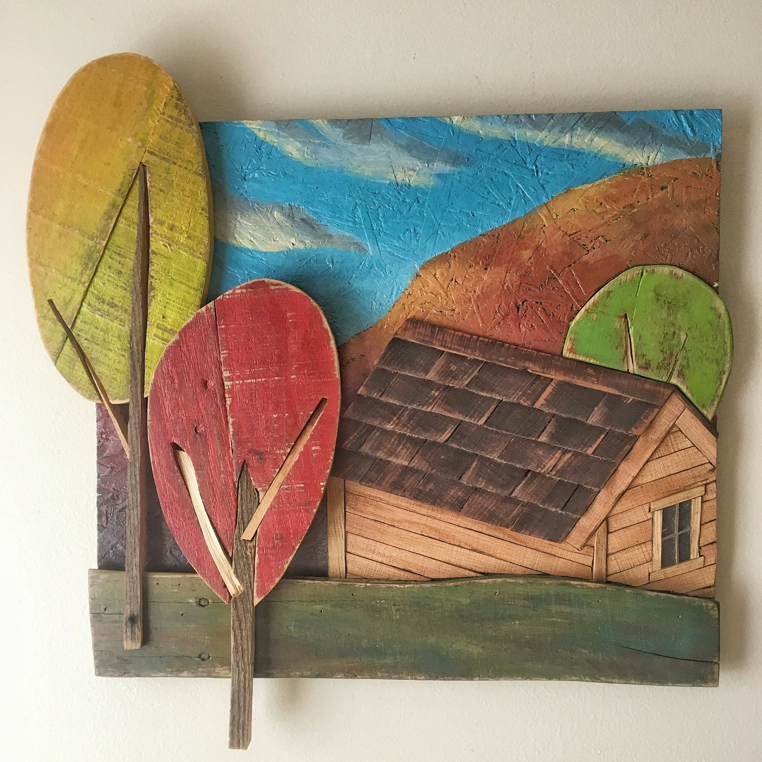 Autumn rustic cabin painting, fall colors, 3d art, rustic, reclaimed ...
