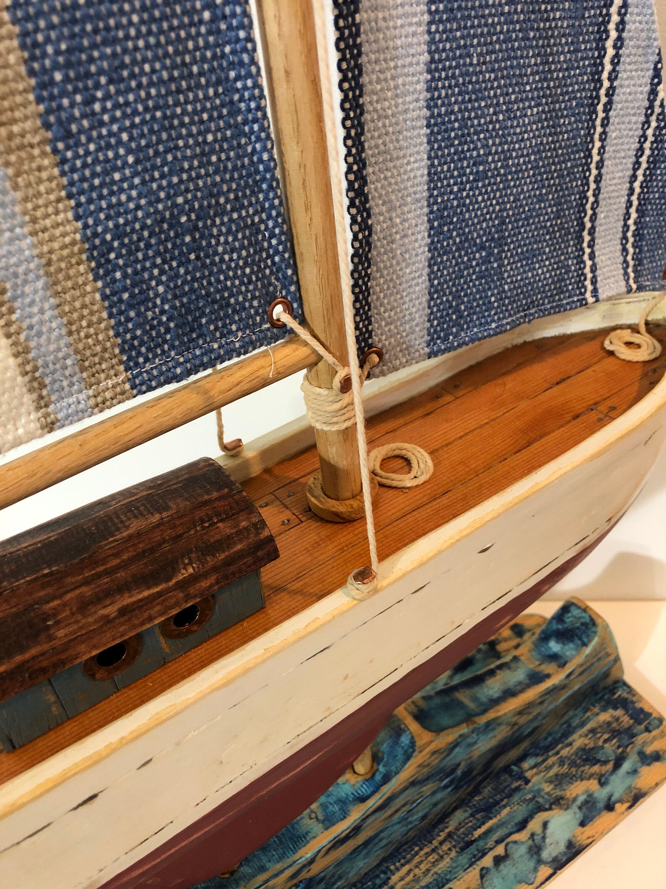 Wooden model sailboat accent decor , handmade beach home decor