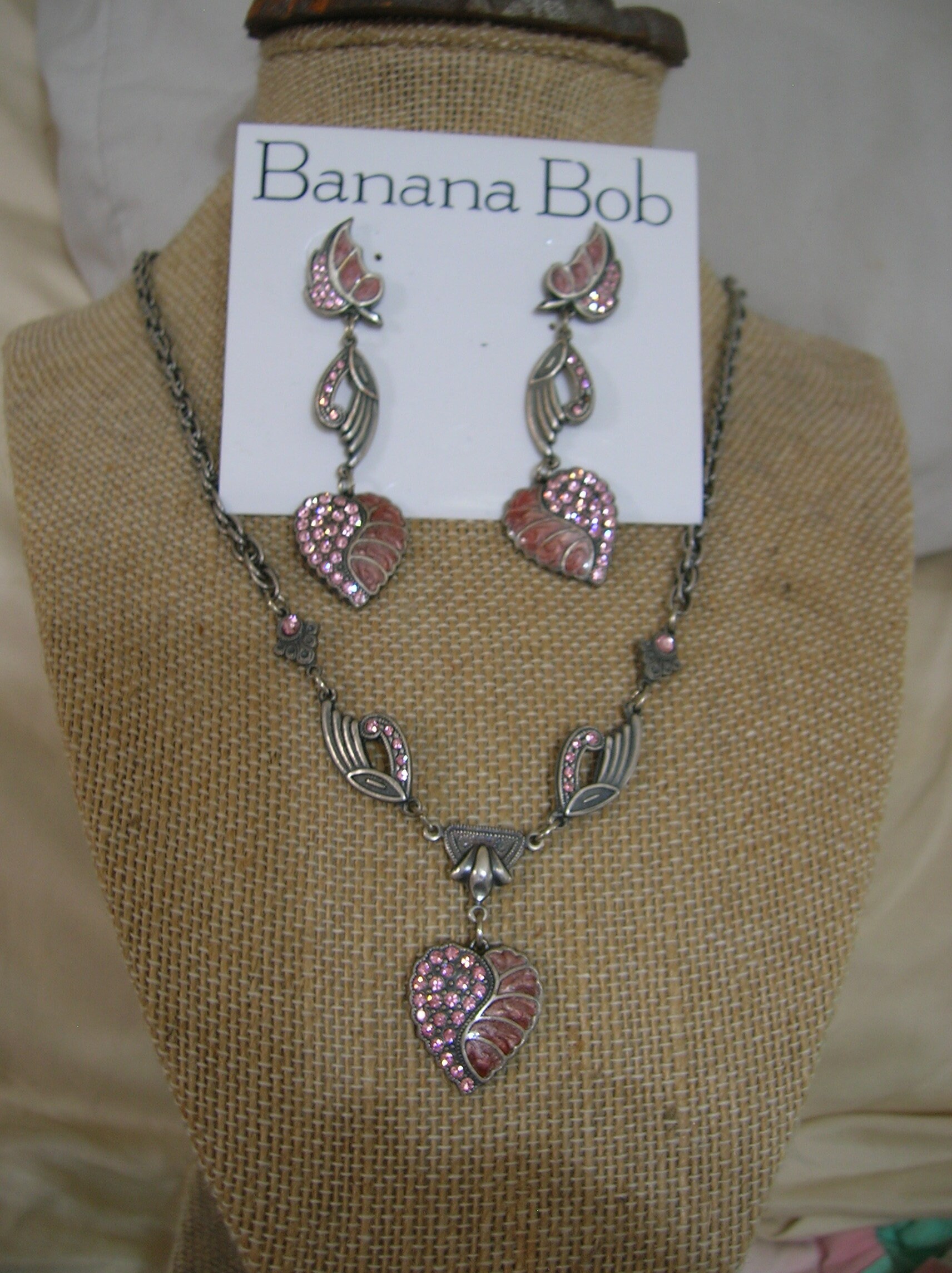 Banana Bob Necklace and Earrings Set Silver Ox With Enamel and Pink ...