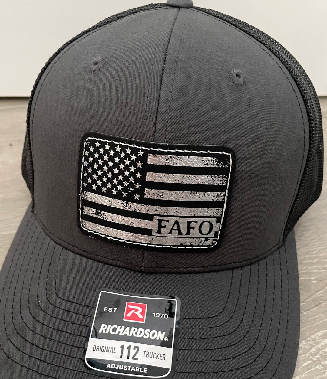 FAFO American Flag Leather Patch Hat Richardson 112 Gift for Him Black/silver Patch Charcoal ...