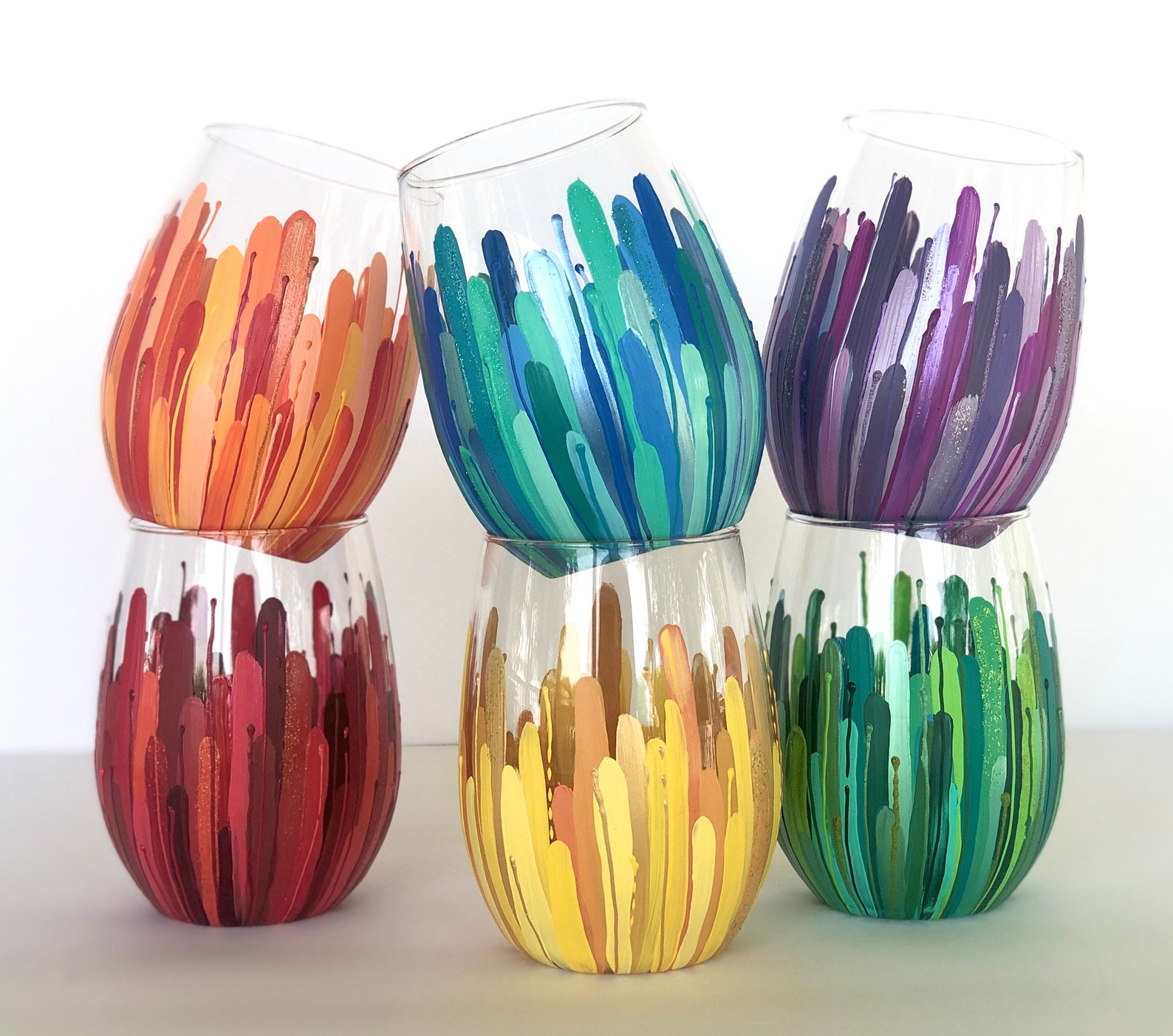 Rainbow Collection Color Burst Wineglass Set of 6, Hand Painted 20oz ...