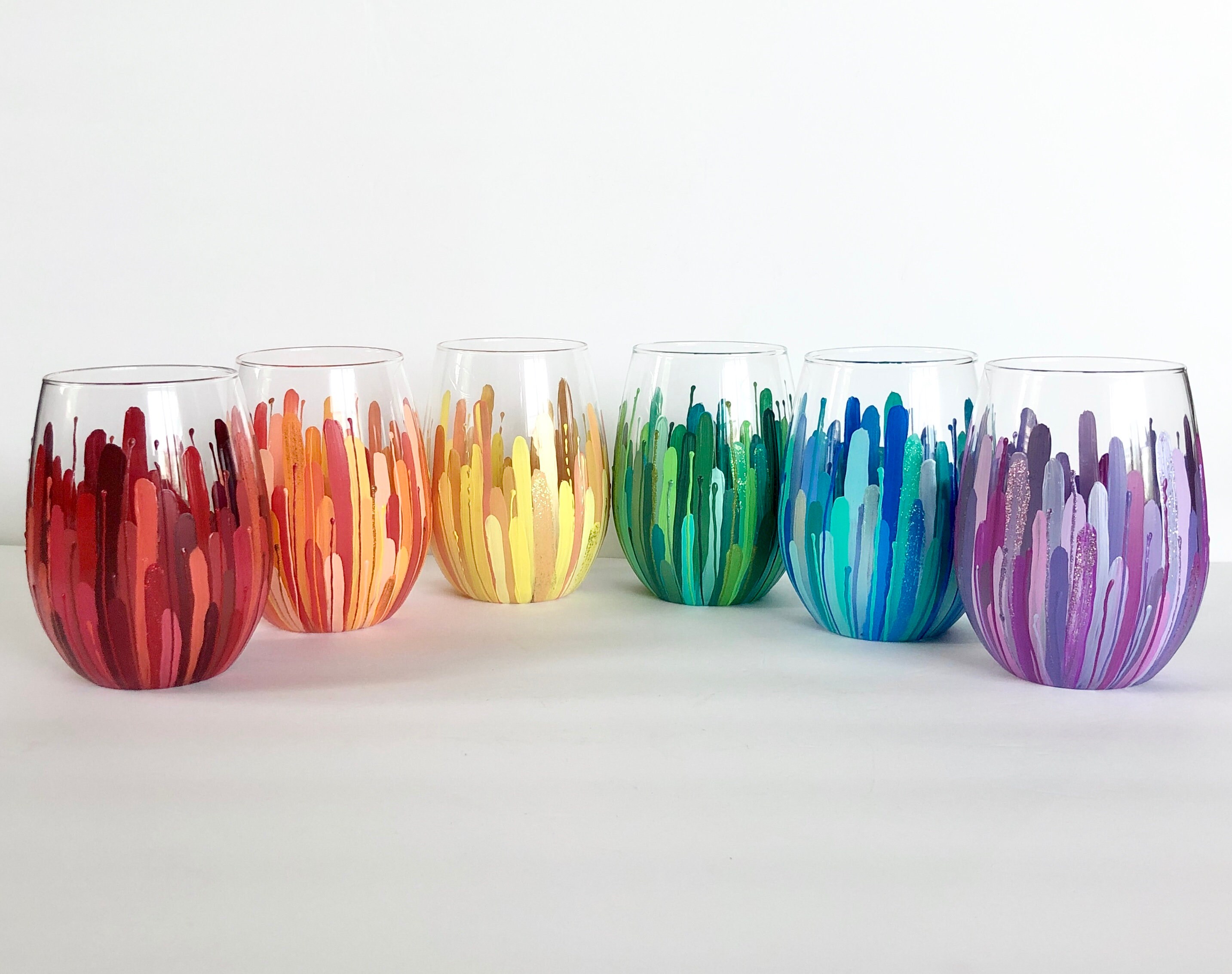 Rainbow Collection Color Burst Wineglass Set of 6, Hand Painted 20oz ...