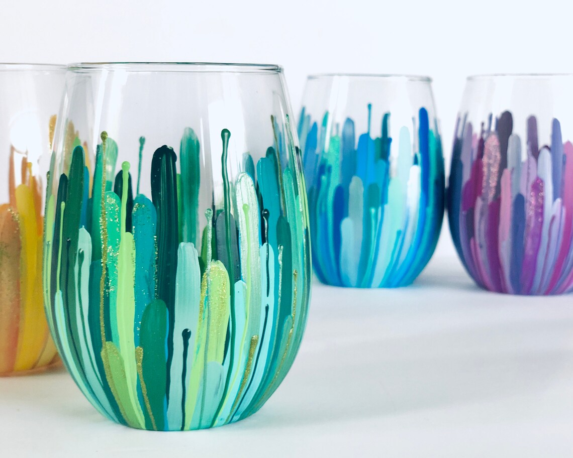 Rainbow Collection Color Burst Wineglass Set of 6, Hand Painted 20oz ...