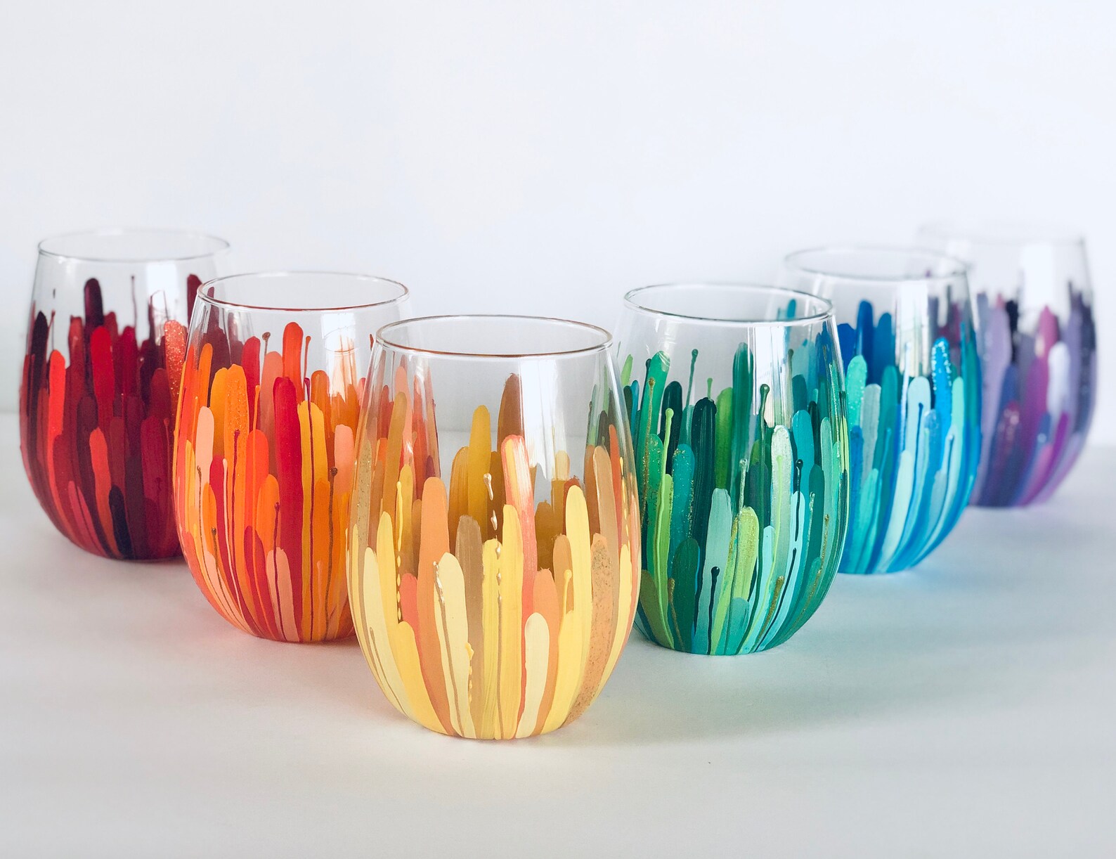 Rainbow Collection Color Burst Wineglass Set of 6, Hand Painted 20oz ...