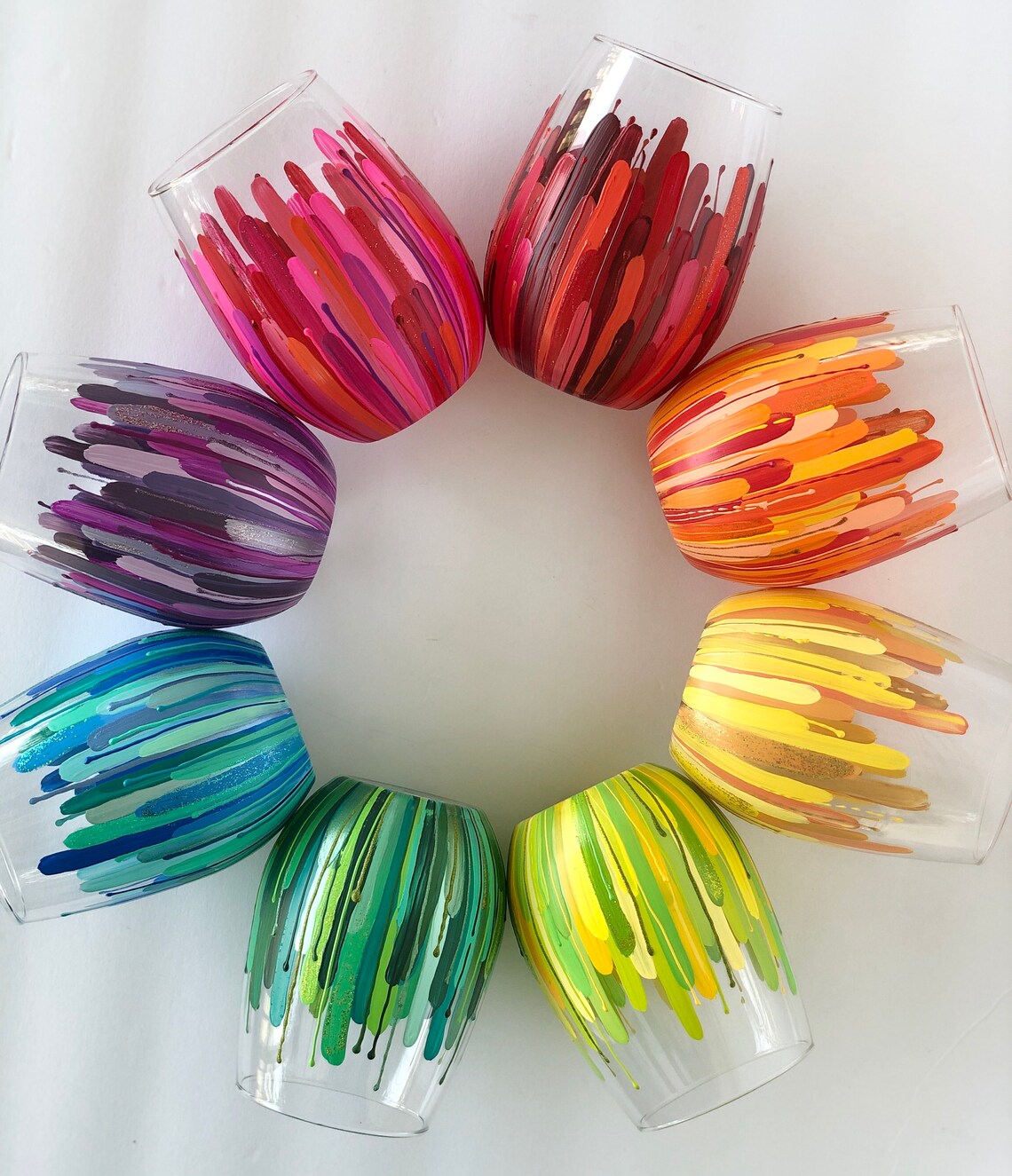 Rainbow Collection Color Burst Wineglass Set of 8, Hand Painted 20oz ...