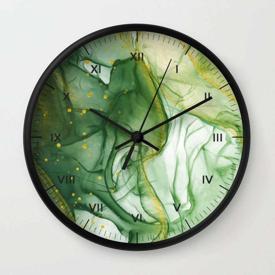 Shiny Gold Abstract Green Roman Numeral Clock, Green Watercolor Wall ...