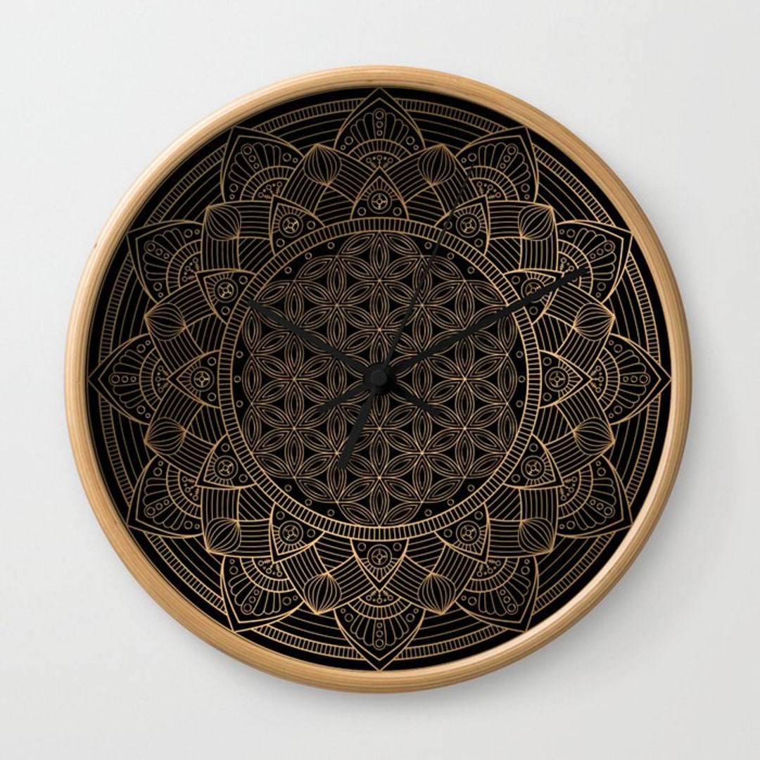 The Flower of Life Black Gold Mandala Clock, Mandala Wall Clock, the ...