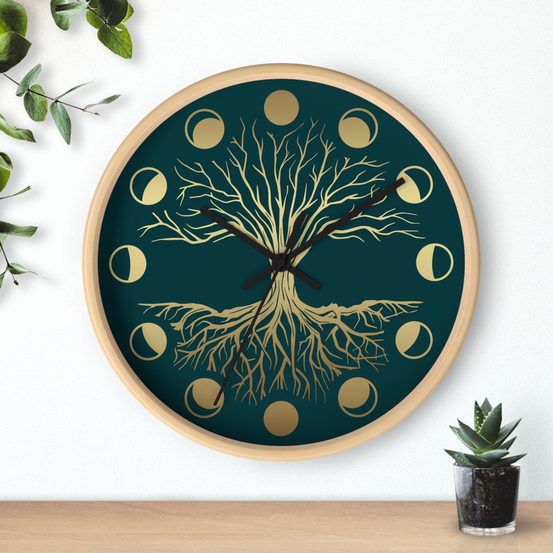 Magical Sacred Tree of Life With Moon Phases Clock, Dark Green Gold ...