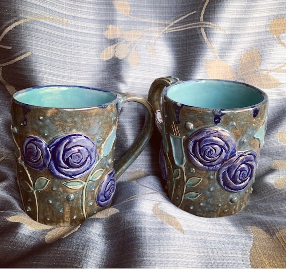 Handmade ceramics mug with blue roses and bells. | Etsy