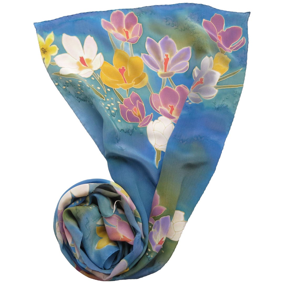 Hand Painted Silk Scarf, Crocus Floral Batik, Blue Two-side Scarf - Etsy