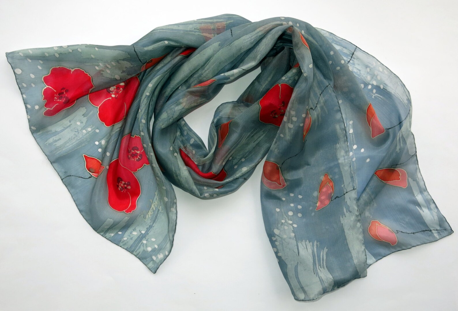 Poppies Silk Scarf. Hand Painted Silk Scarf. Red Poppy on Gray. Floral ...