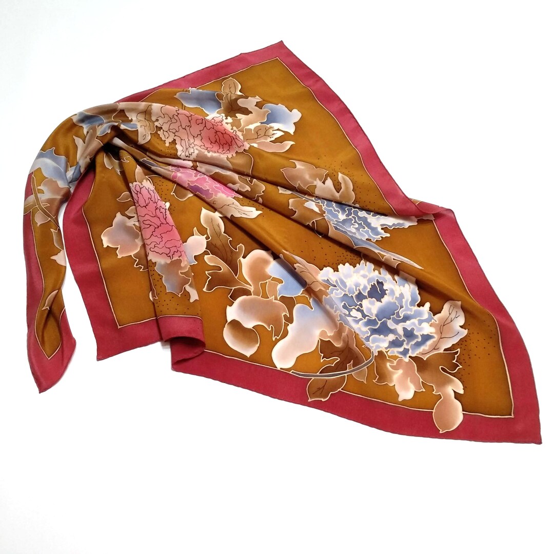 Peony Red Silk Scarf. Floral Hand Painted Scarf Silk. Peony Flowers ...